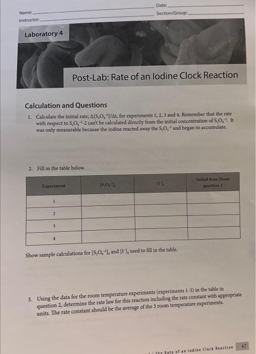 lodine Clock Reaction Data collection Lastaiory i I | Chegg.com