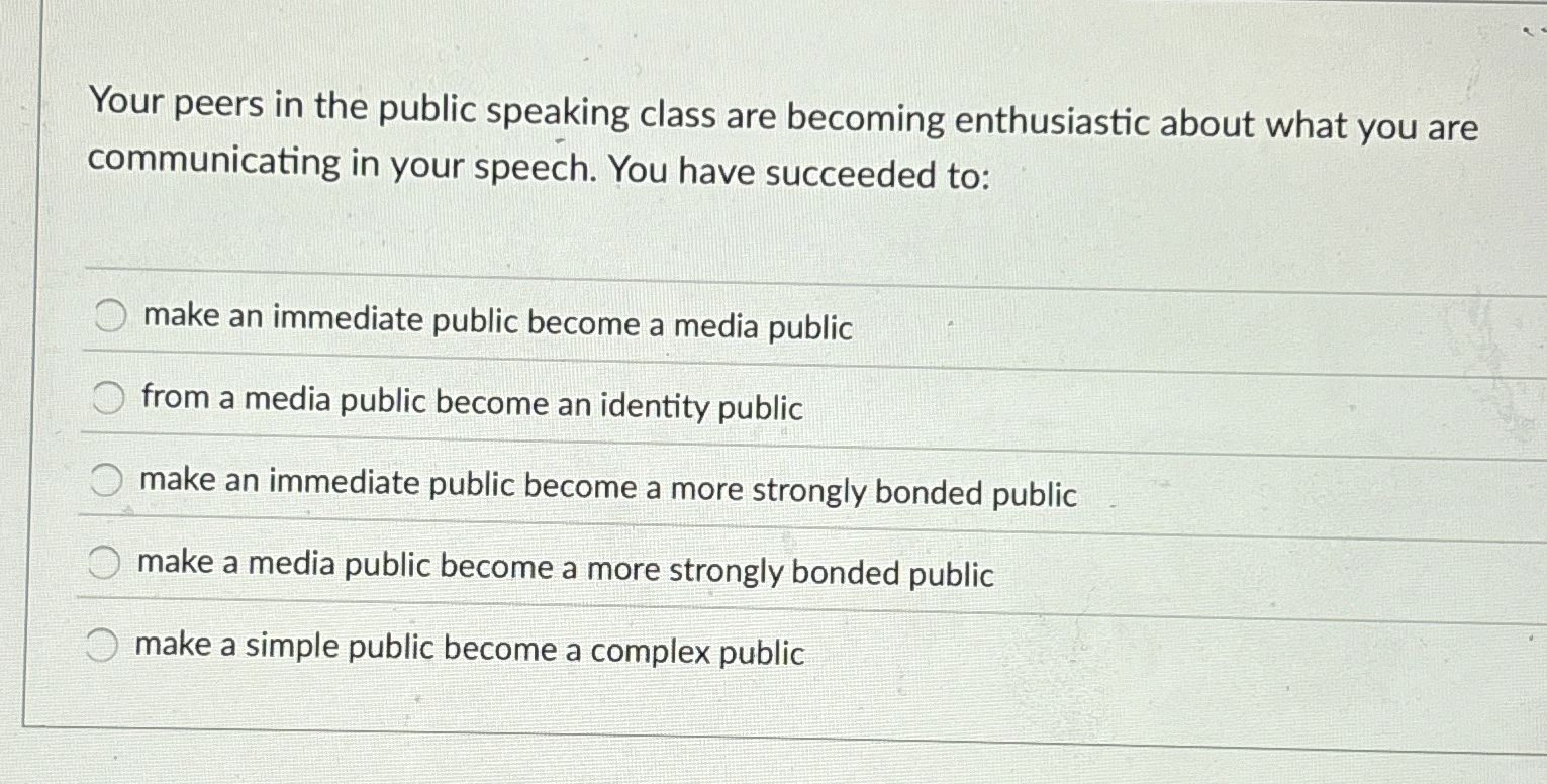 Solved Your peers in the public speaking class are becoming | Chegg.com