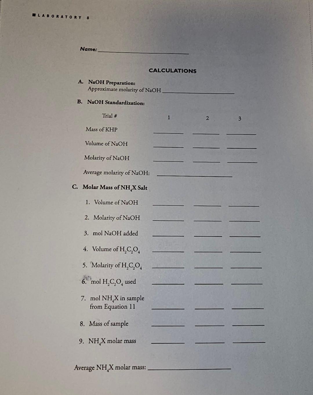 Solved DATA A. NaOH Preparation Volume of concentrated NaOH | Chegg.com