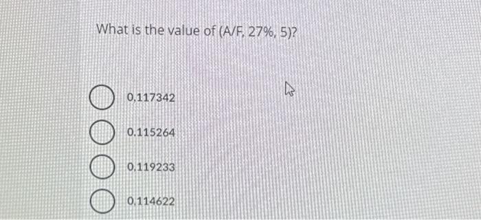 Solved What is the value of (A/F,27%,5)? 0,117342 0.115264 | Chegg.com