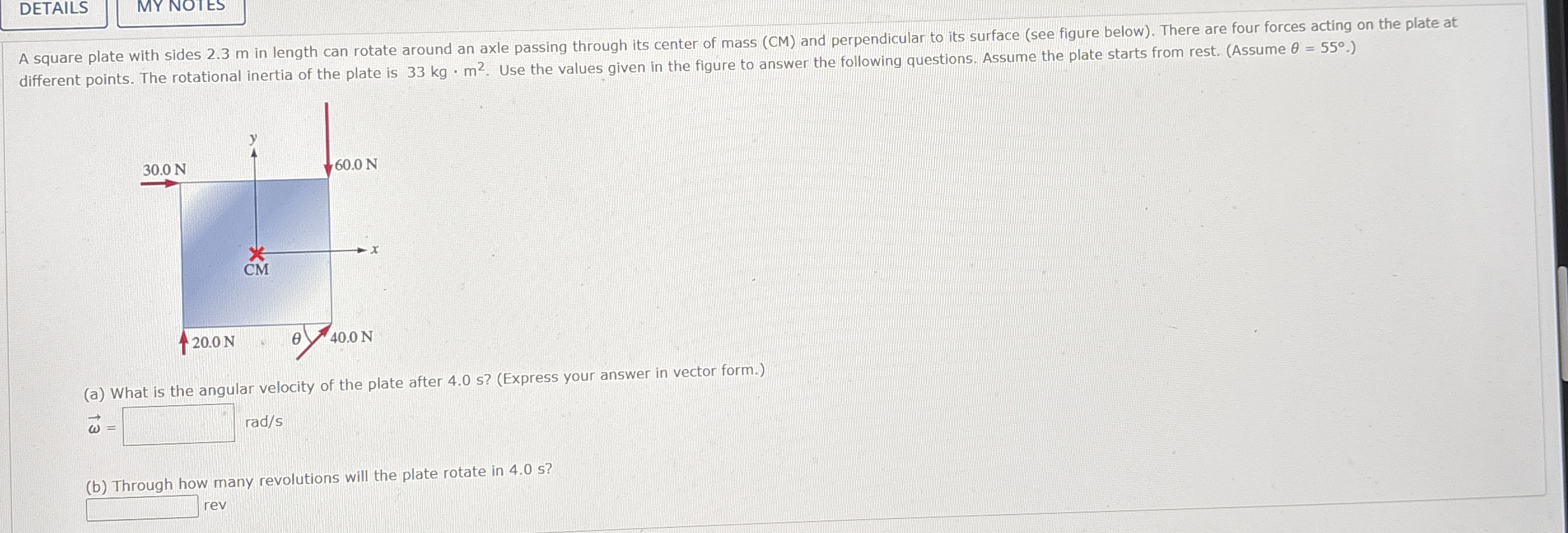Solved A square plate with sides 2.3 ﻿m in length can rotate | Chegg.com