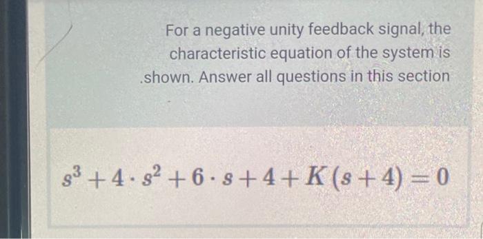 Solved For a negative unity feedback signal, the | Chegg.com
