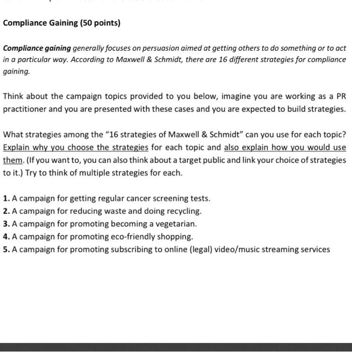 Solved Compliance Gaining (50 points) Compliance gaining | Chegg.com