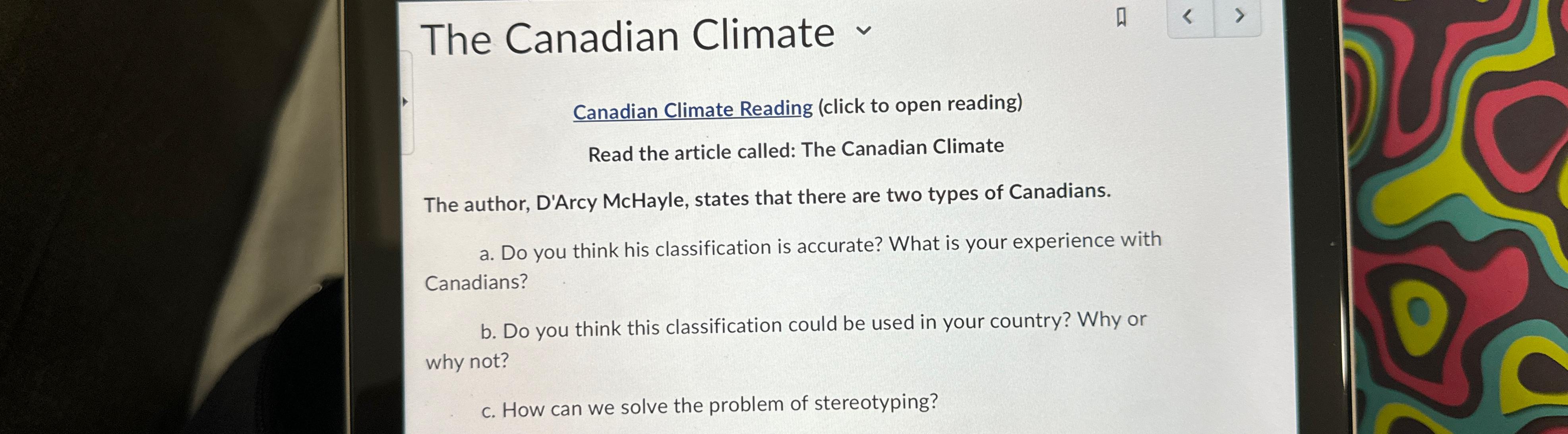 Solved The Canadian Climate Canadian Climate Reading (click | Chegg.com