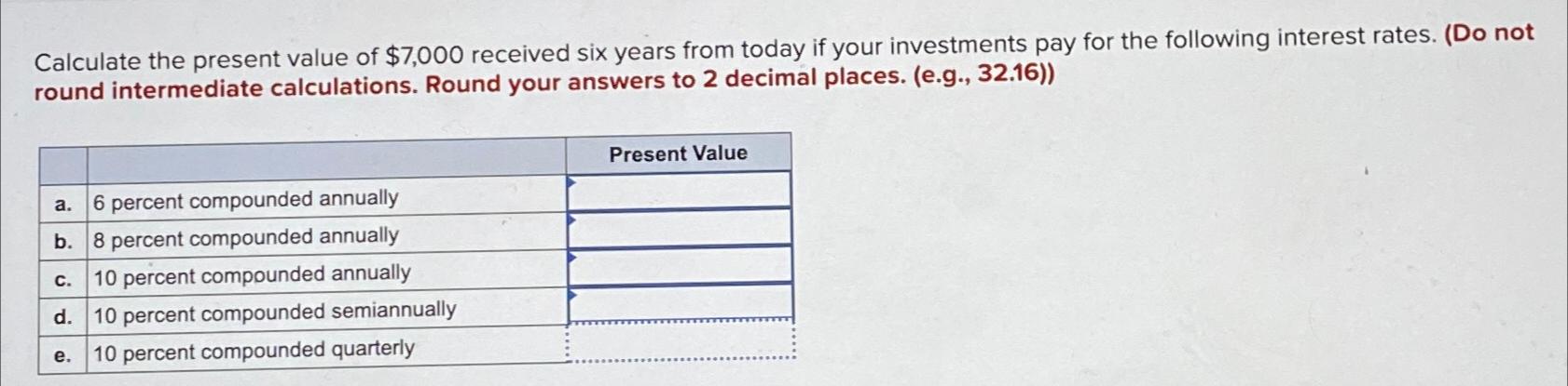 Solved Calculate the present value of $7,000 ﻿received six | Chegg.com