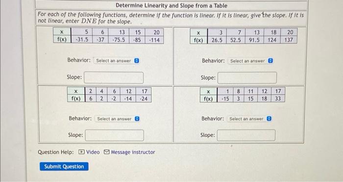 Solved Determine Linearity and Slope from a Table For each | Chegg.com