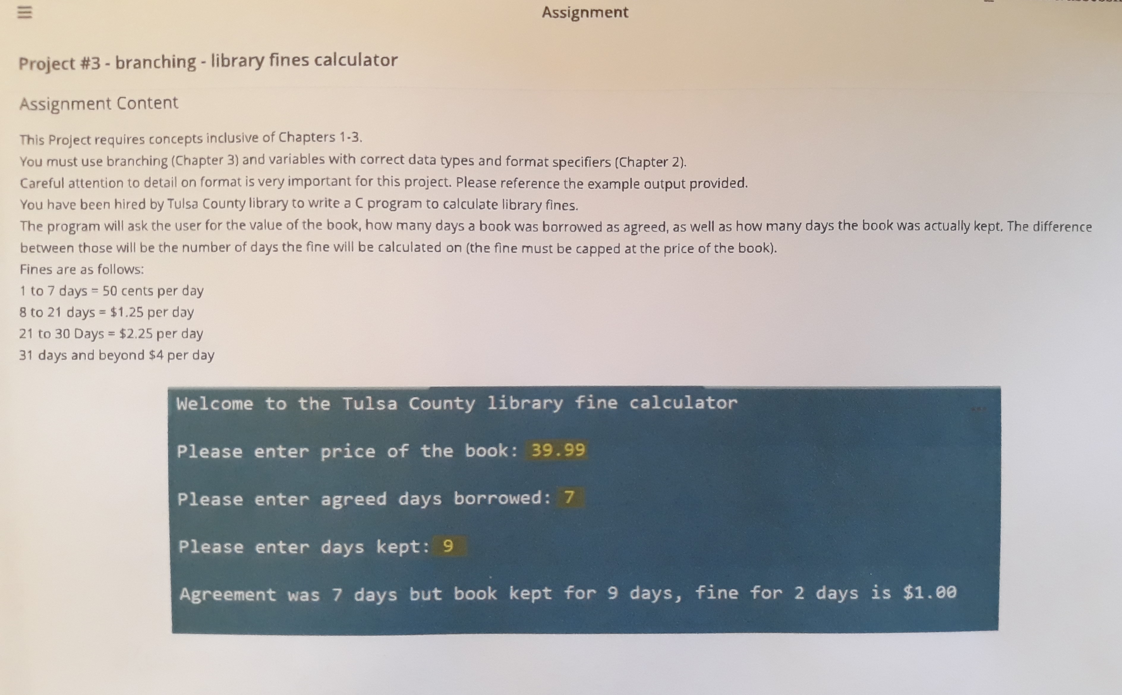 Solved Project #3 - ﻿branching - ﻿library fines | Chegg.com