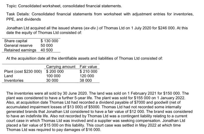 Solved Topic: Consolidated worksheet, consolidated financial | Chegg.com
