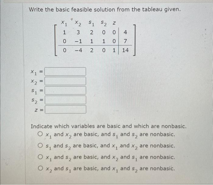 Solved Write the basic feasible solution from the tableau | Chegg.com