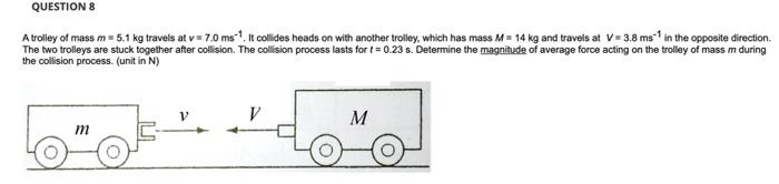 Solved A trolley of mass m=5.1 kg travels at v=7.0 ms−1, it | Chegg.com