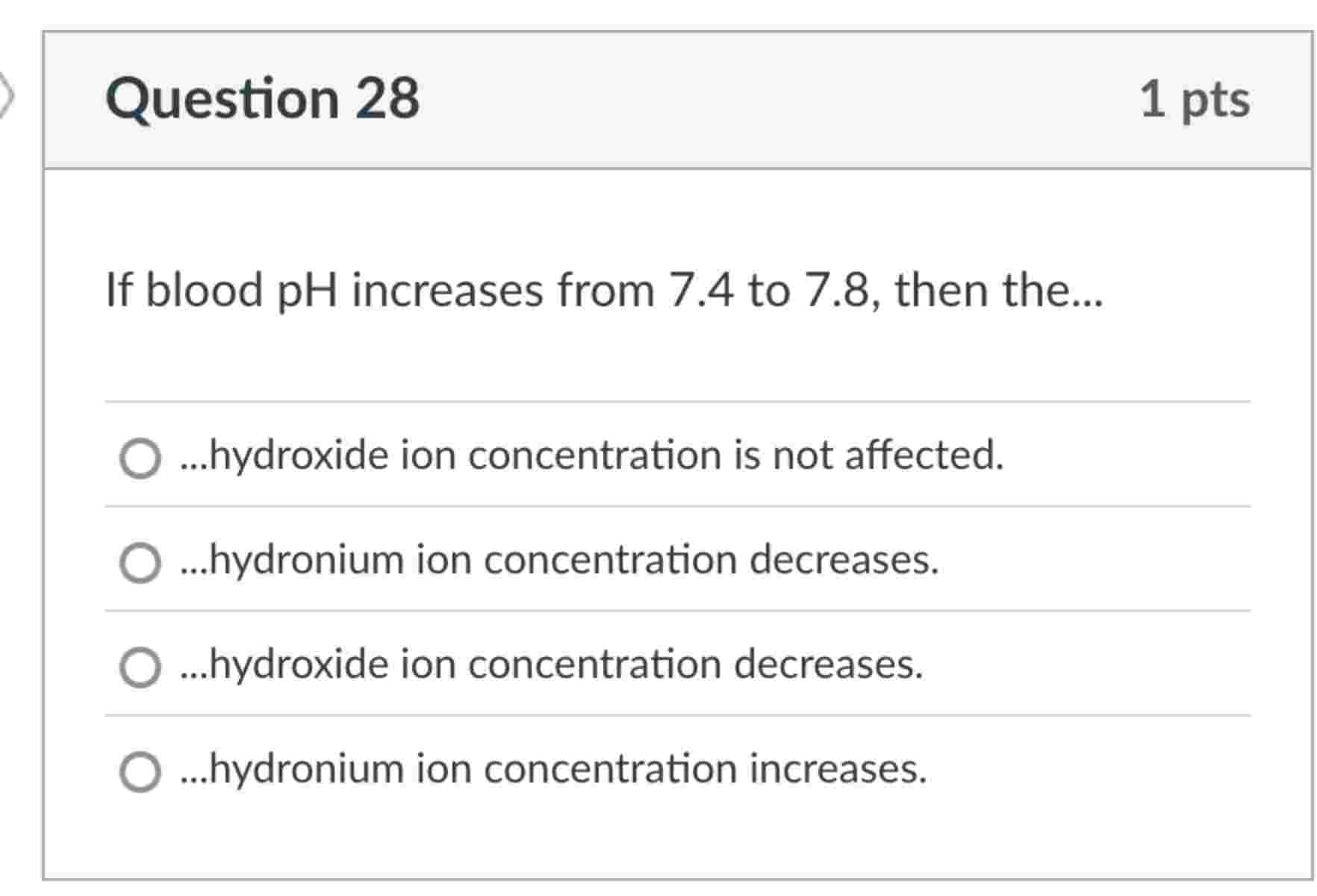 Solved Question 28If ﻿blood pH ﻿increases from 7.4 to 7.8 , | Chegg.com