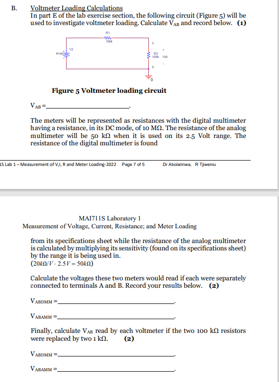 Solved B. ﻿Voltmeter Loading CalculationsIn part E ﻿of the | Chegg.com