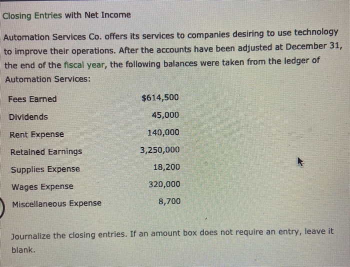 Solved Closing Entries with Net Income Automation Services | Chegg.com