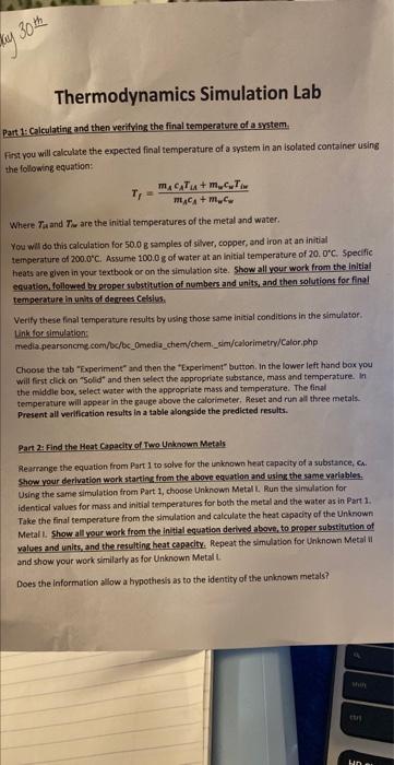 Thermodynamics Simulation Lab Par 1: Calculatine and | Chegg.com