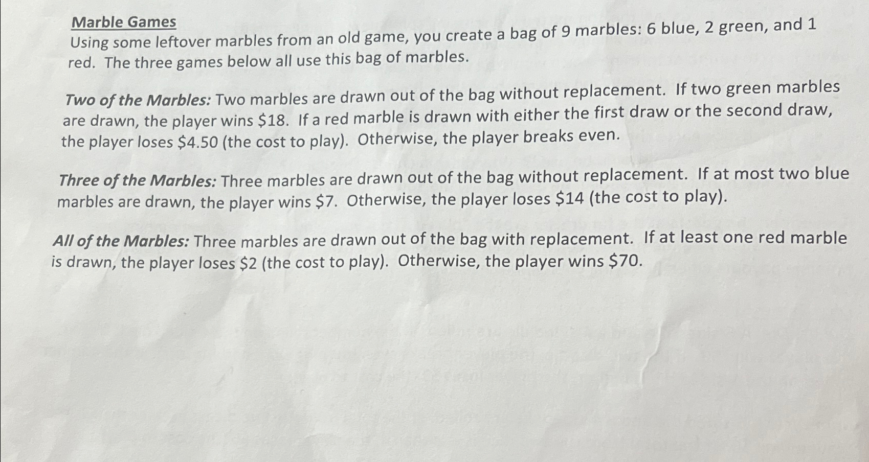 Solved Marble GamesUsing some leftover marbles from an old | Chegg.com