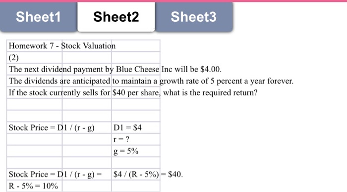 Solved Sheet1 Sheet2 Sheet3 Homework 7-Stock Valuation (1) | Chegg.com