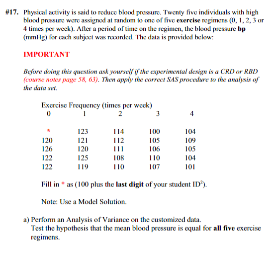 Solved #17. ﻿Physical activity is said to reduce blood | Chegg.com
