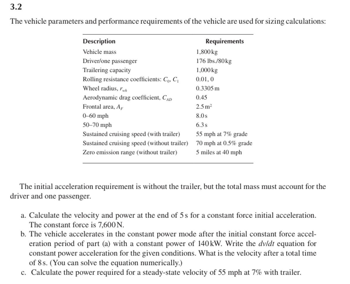 3.2The vehicle parameters and performance | Chegg.com