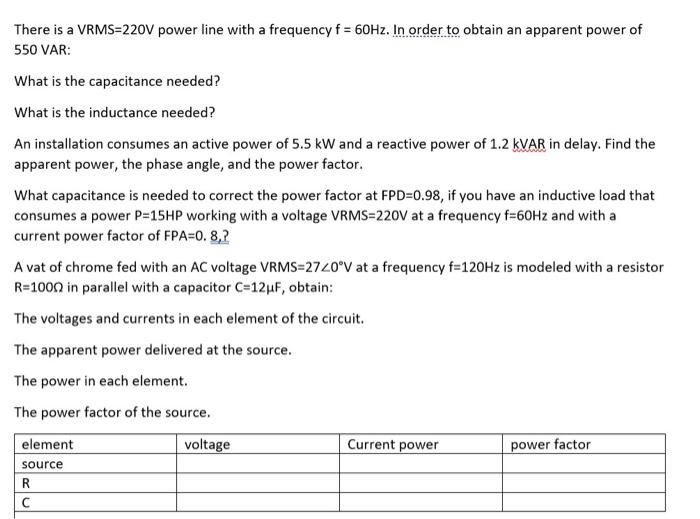 Solved = There is a VRMS=220V power line with a frequency f | Chegg.com