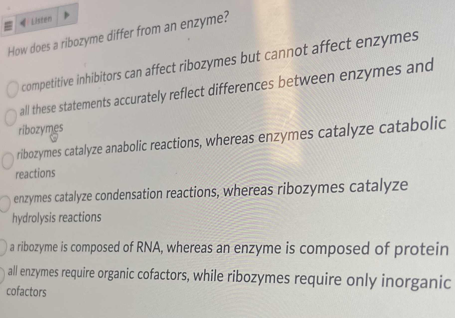 Solved How does a ribozyme differ from an enzyme?competitive | Chegg.com