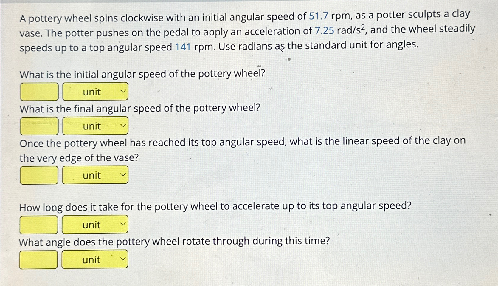 Solved A pottery wheel spins clockwise with an initial | Chegg.com