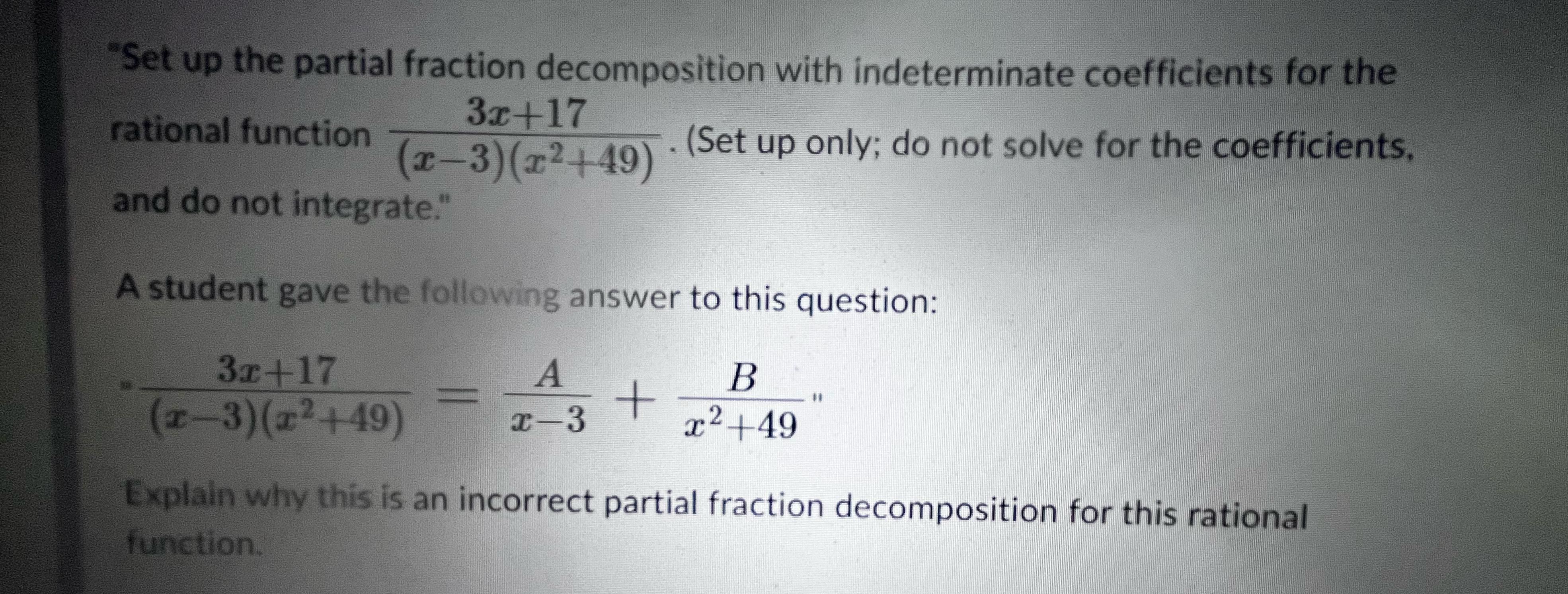 Solved "Set up the partial fraction decomposition with | Chegg.com