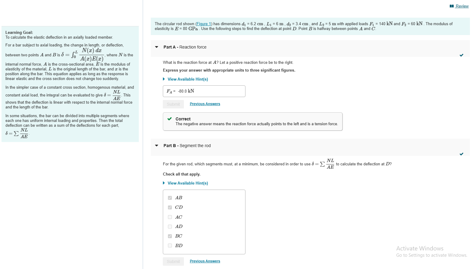 Solved Learning Goal:To ﻿calculate the elastic deflection | Chegg.com