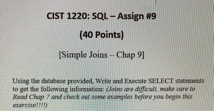 Solved CIST 1220: SQL-Assign #9 (40 Points) [Simple Joins – | Chegg.com
