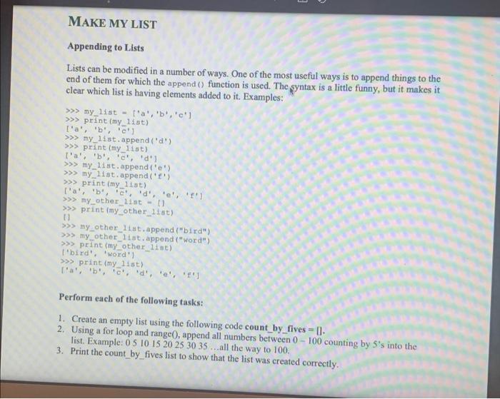 Solved MAKE MY LIST Appending to Lists Lists can be modified | Chegg.com