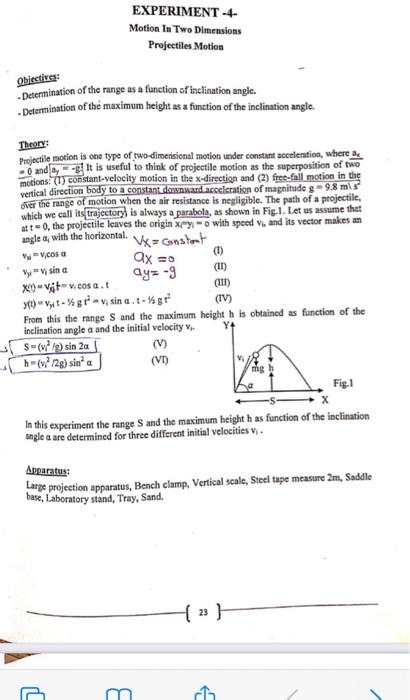 Solved EXPERIMENT -4- Motion In Two Dimensions Projectiles | Chegg.com