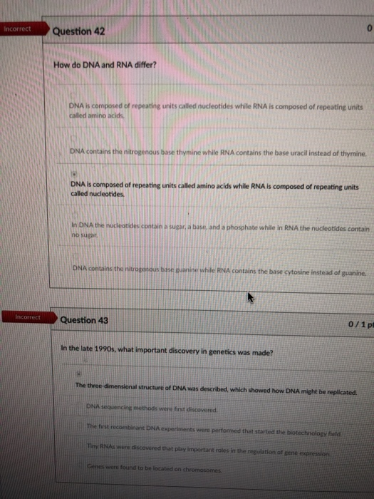 Solved Incorrect 0 Question 42 How do DNA and RNA differ? | Chegg.com