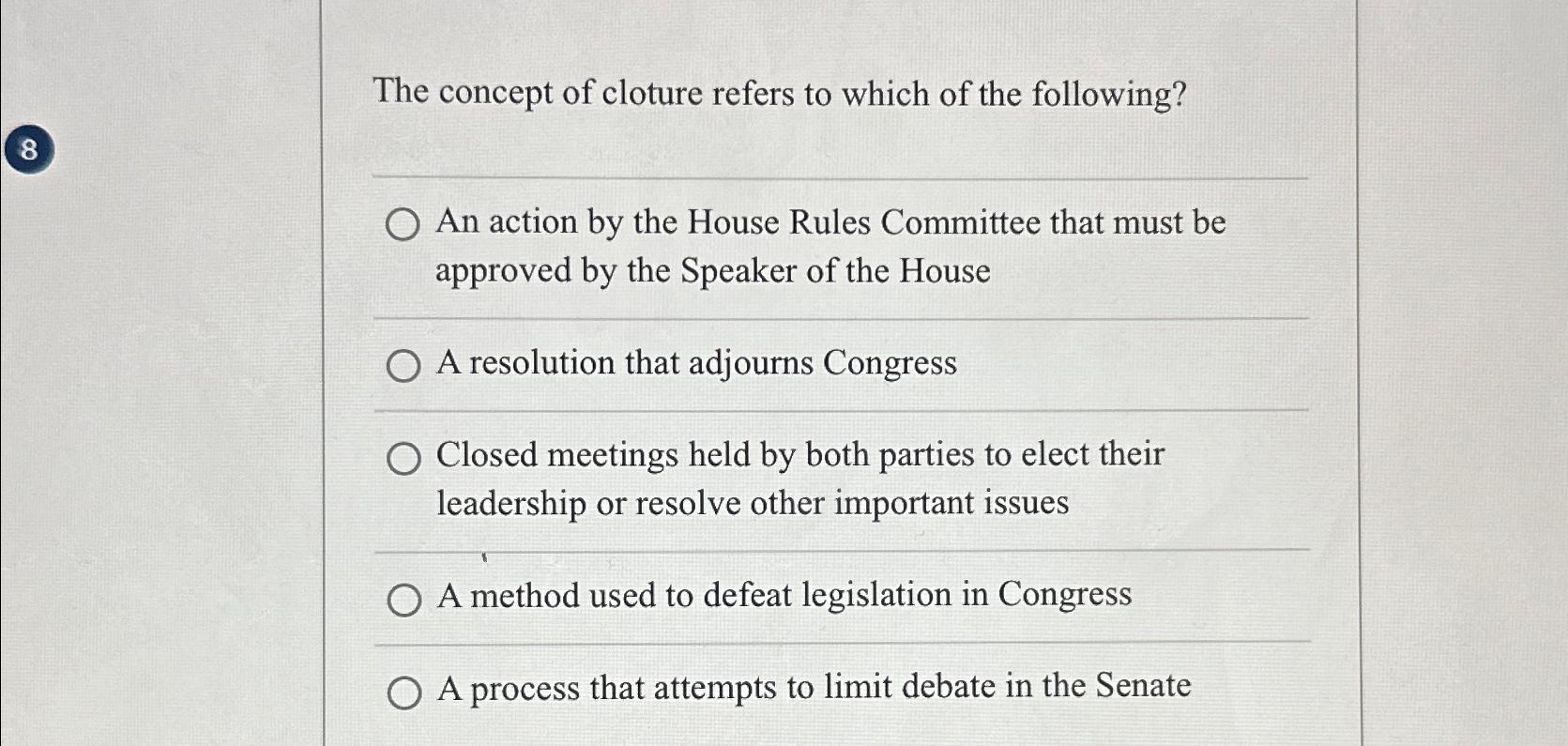 Solved The concept of cloture refers to which of the | Chegg.com