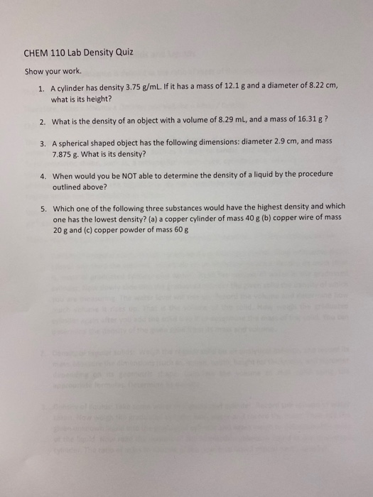 Solved CHEM 110 Lab Density Quiz Show your work. 1. A | Chegg.com