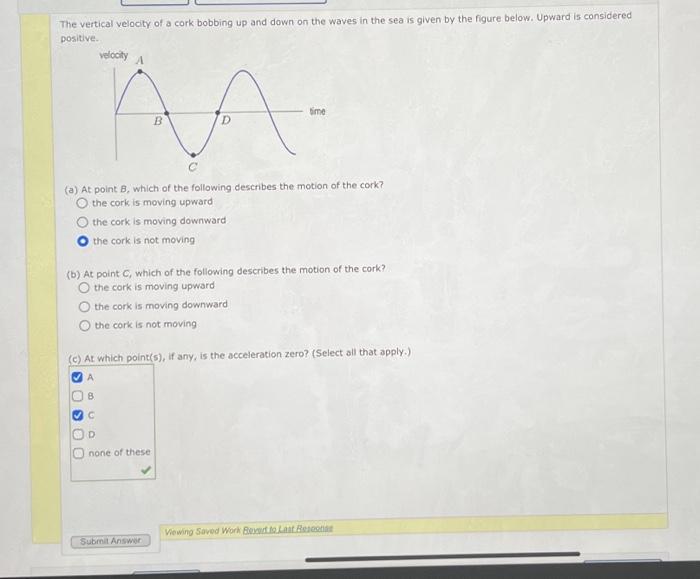 Solved The vertical velocity of a cork bobbing up and down | Chegg.com