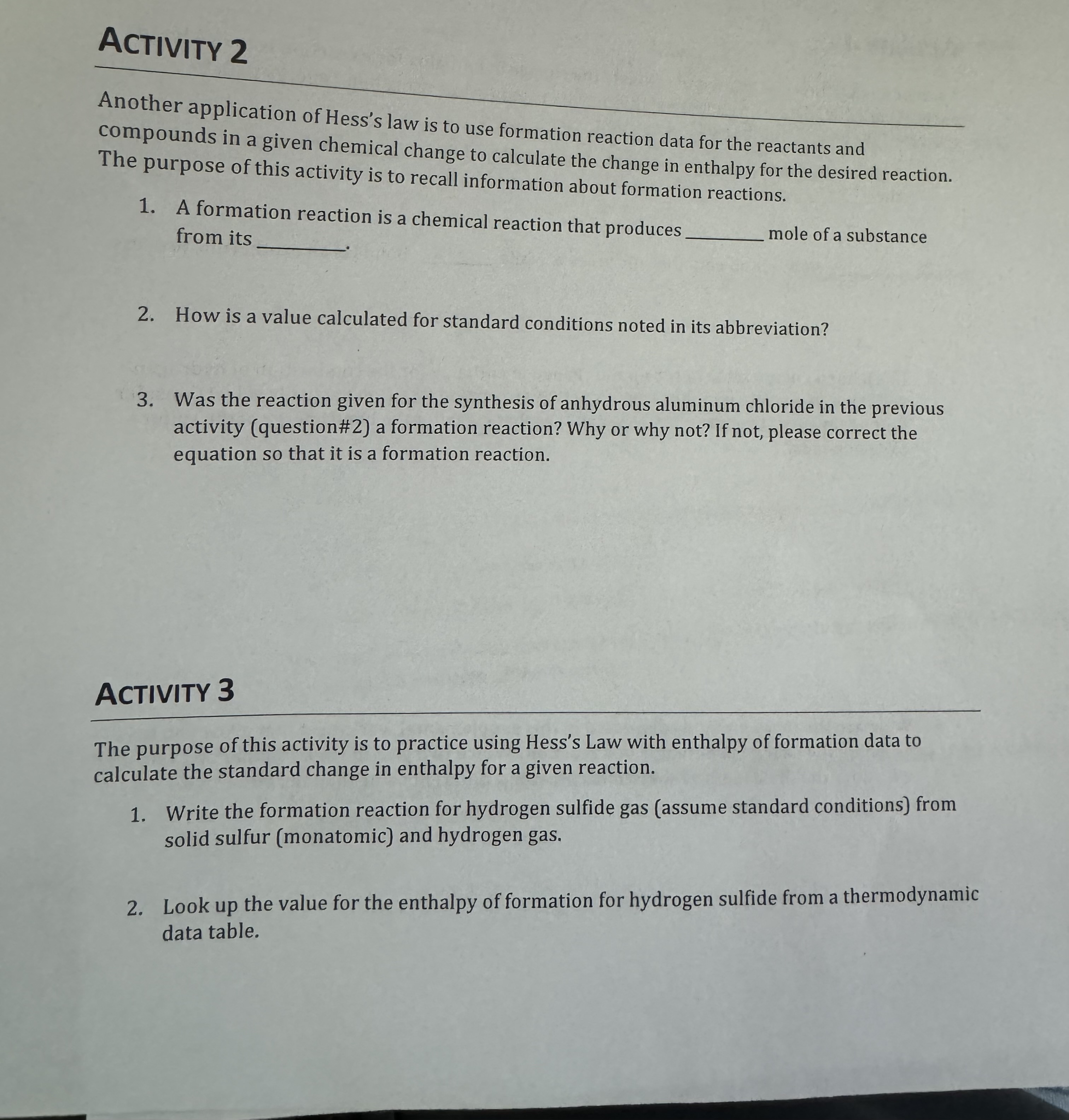 Solved Activity 2Another application of Hess's law is to use | Chegg.com