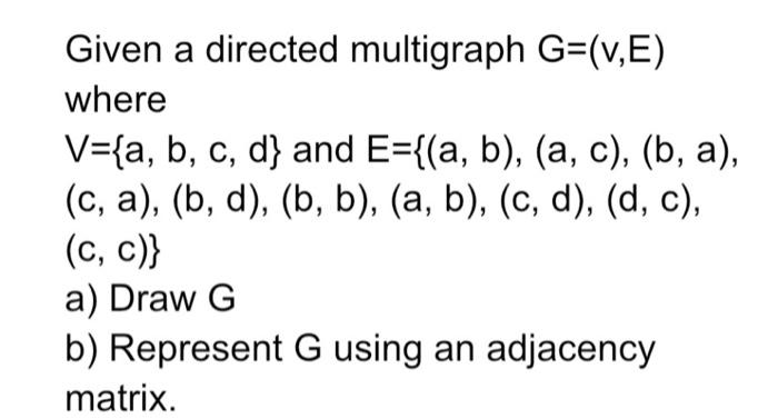Solved Given A Directed Multigraph Gve Where V Abcd 
