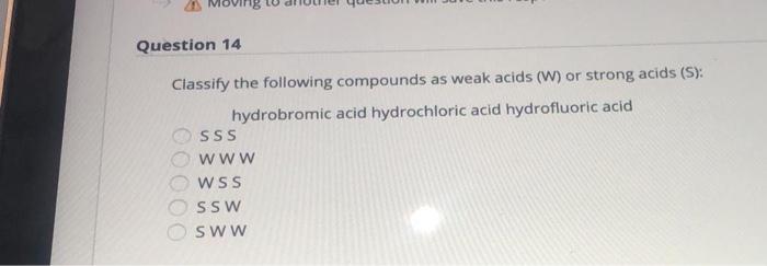 Solved Question 14 Classify the following compounds as weak | Chegg.com