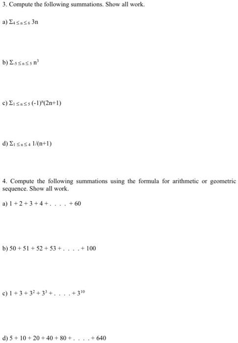 Solved 3. Compute the following summations. Show all work. | Chegg.com