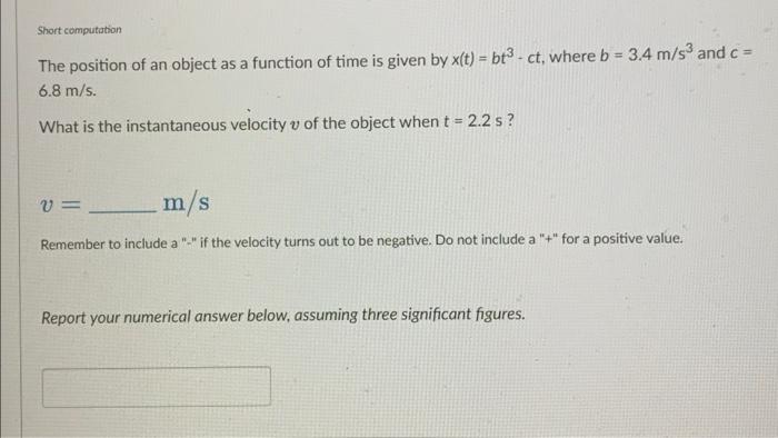 Solved Short computation The position of an object as a | Chegg.com