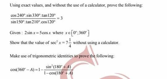 Solved Using exact values, and without the use of a | Chegg.com