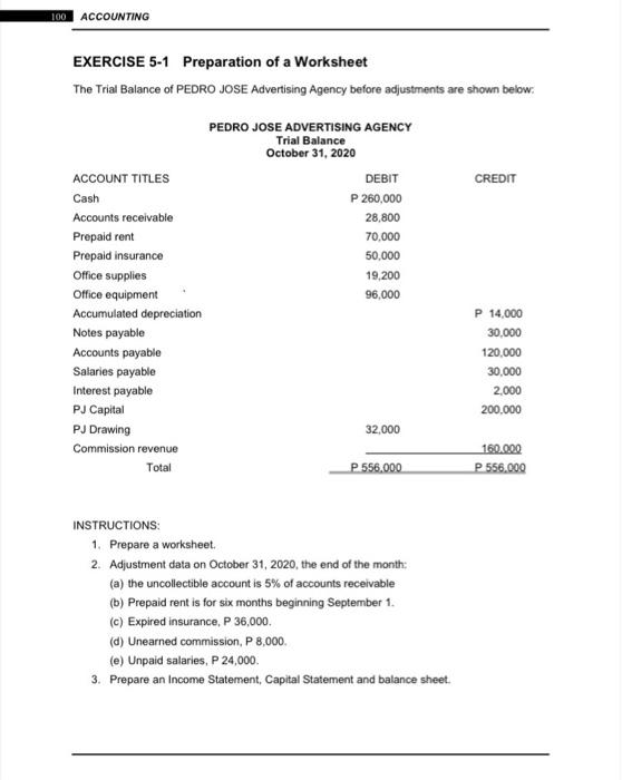 Solved 100 ACCOUNTING EXERCISE 5-1 Preparation of a | Chegg.com