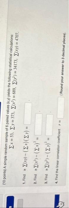 Solved (10 points) A simple random sample of 6 paired values | Chegg.com