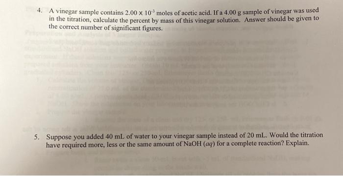 Solved 4. A vinegar sample contains 2.00×10−3 moles of | Chegg.com