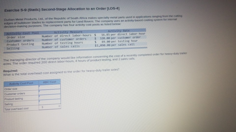 Solved Exercise 5-9 (Static) Second-Stage Allocation to an | Chegg.com