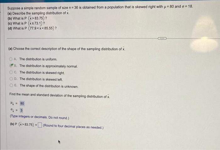 Solved Suppose a simple random sample of size n=36 is | Chegg.com