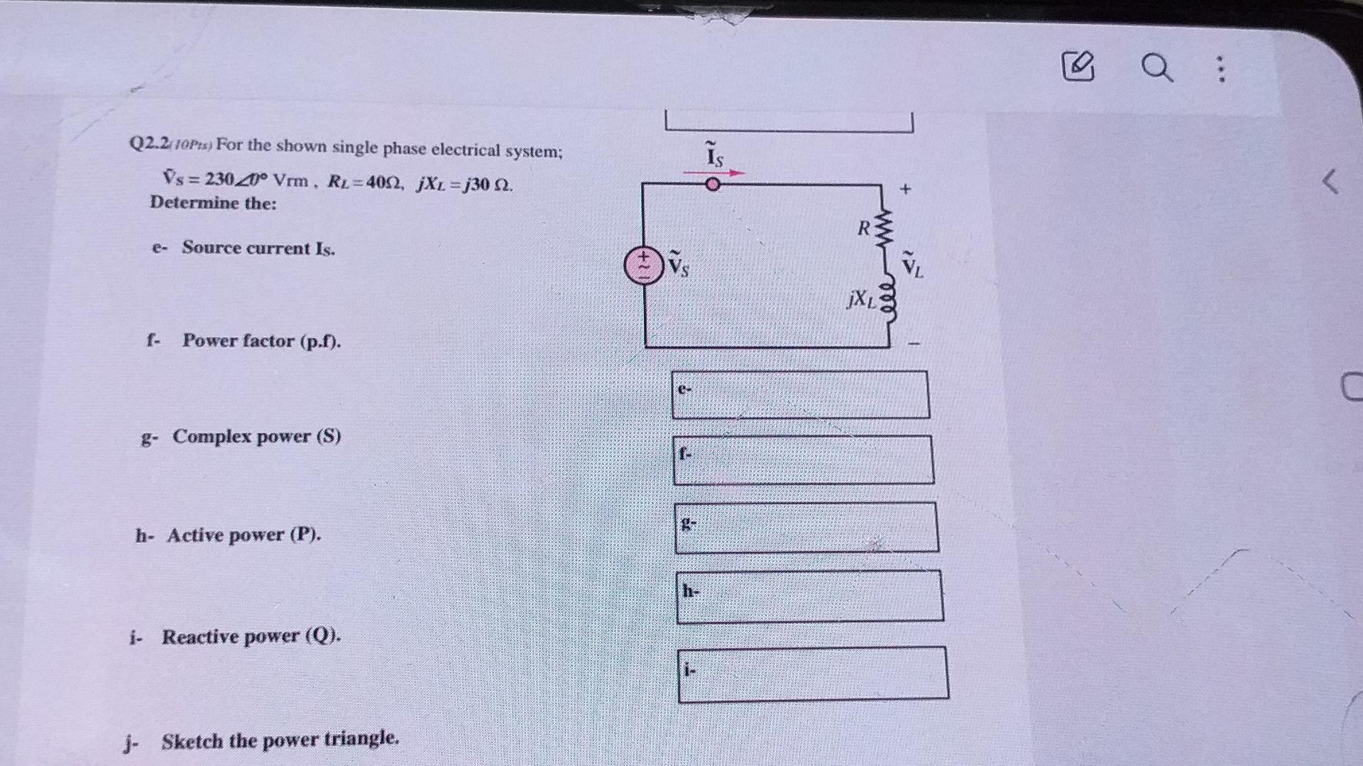 Solved Q2.2 10P:Ss) For the shown single phase electrical | Chegg.com