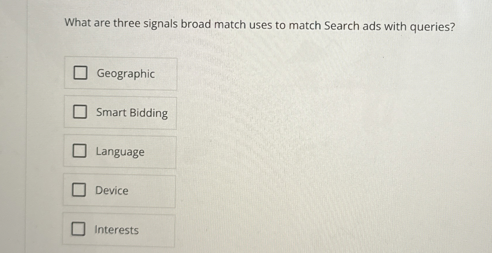 Solved What are three signals broad match uses to match | Chegg.com