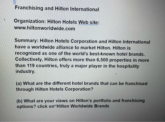 Solved Franchising and Hilton International Organization: | Chegg.com