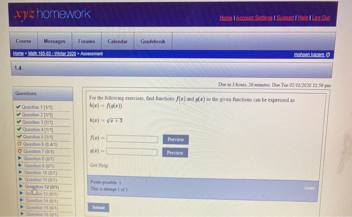 Solved xyz homework Home Account Settings Support | Help Log | Chegg.com