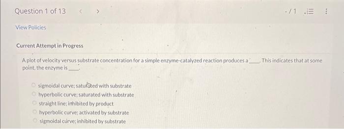 Solved A plot of velocity versus substrate concentration for | Chegg.com